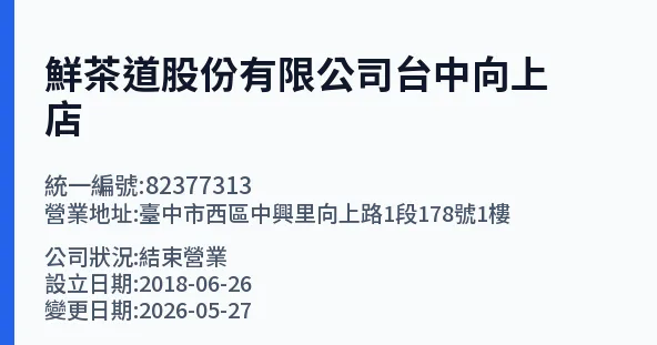 鮮茶道股份有限公司台中向上店的照片-統編 82377313(臺中市) 公司登記資料與營業項目詳細圖表