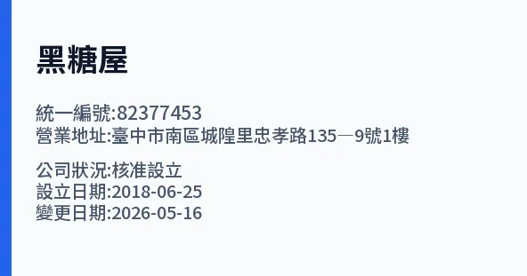黑糖屋的照片-統編 82377453(臺中市) 公司登記資料與營業項目詳細圖表