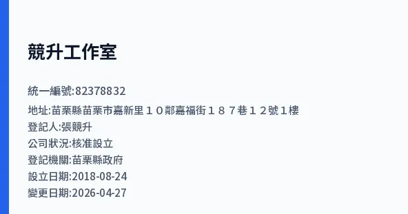 競升工作室的照片-統編 82378832(苗栗縣) 公司登記資料與營業項目詳細圖表