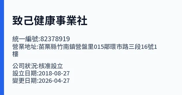 致己健康事業社的照片-統編 82378919(苗栗縣) 公司登記資料與營業項目詳細圖表