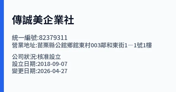 傳誠美企業社的照片-統編 82379311(苗栗縣) 公司登記資料與營業項目詳細圖表