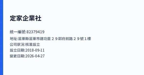 定家企業社的照片-統編 82379419(苗栗縣) 公司登記資料與營業項目詳細圖表
