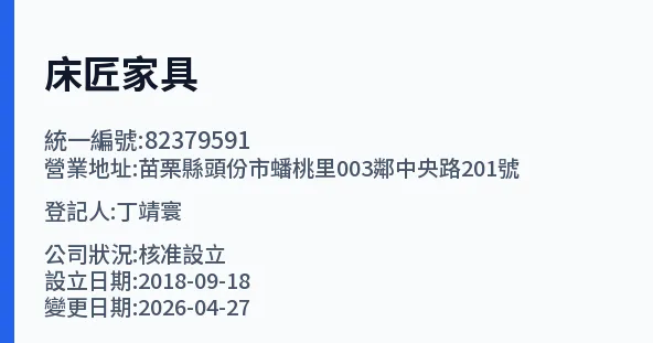 床匠家具的照片-統編 82379591(苗栗縣) 公司登記資料與營業項目詳細圖表