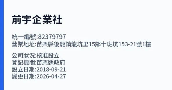 前宇企業社的照片-統編 82379797(苗栗縣) 公司登記資料與營業項目詳細圖表