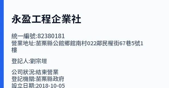 永盈工程企業社的照片-統編 82380181(苗栗縣) 公司登記資料與營業項目詳細圖表