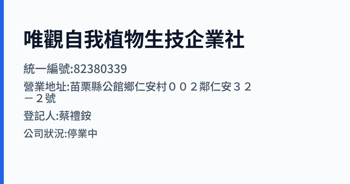 唯觀自我植物生技企業社 - 統編 82380339(苗栗縣) 公司登記資料與營業項目詳細圖表