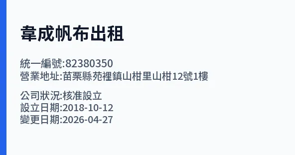 韋成帆布出租的照片-統編 82380350(苗栗縣) 公司登記資料與營業項目詳細圖表