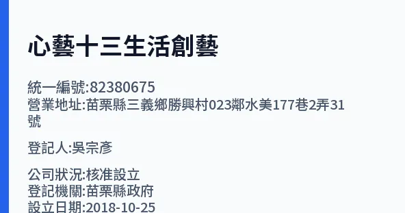 心藝十三生活創藝的照片-統編 82380675(苗栗縣) 公司登記資料與營業項目詳細圖表