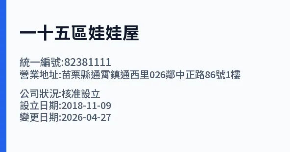 一十五區娃娃屋的照片-統編 82381111(苗栗縣) 公司登記資料與營業項目詳細圖表