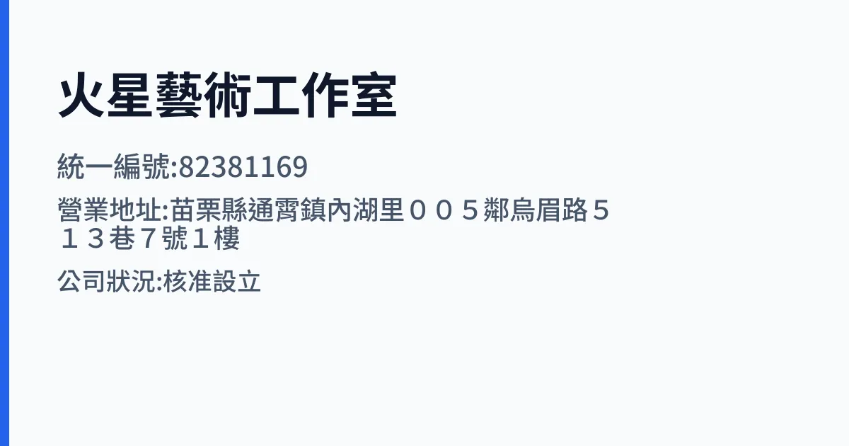 火星藝術工作室 - 統編 82381169(苗栗縣) 公司登記資料與營業項目詳細圖表