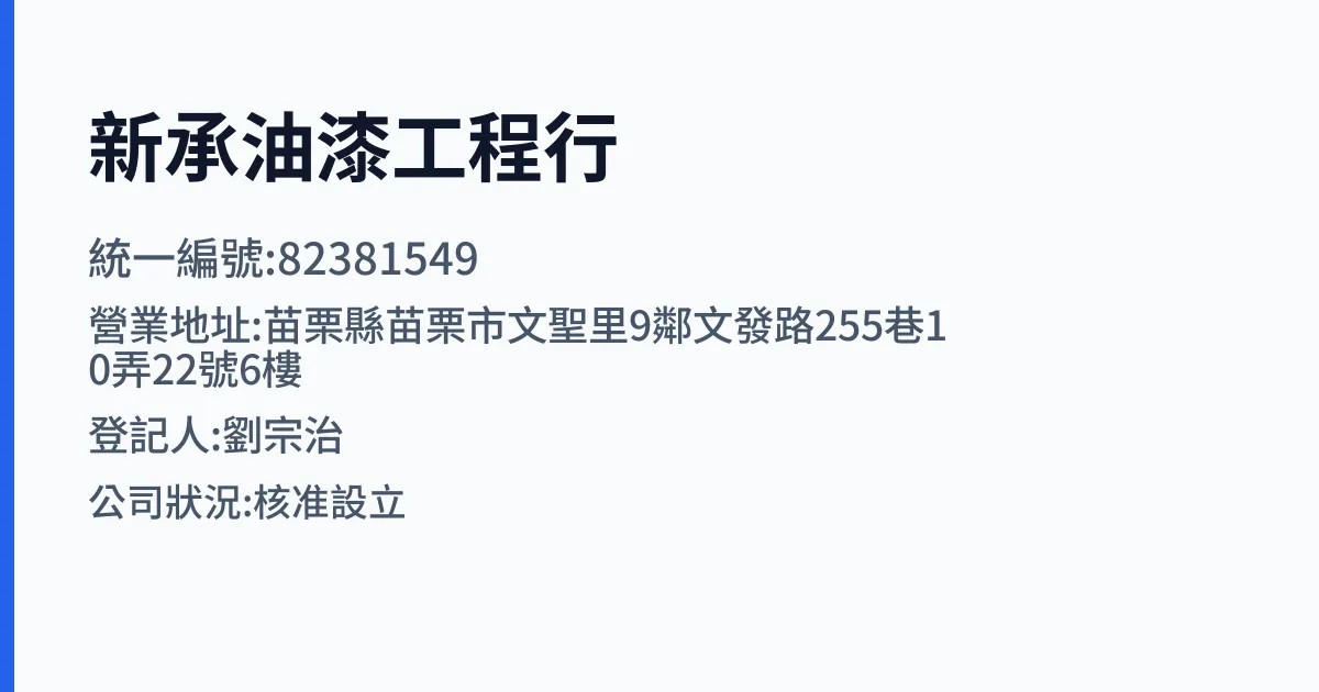 新承油漆工程行 - 統編 82381549(苗栗縣) 公司登記資料與營業項目詳細圖表