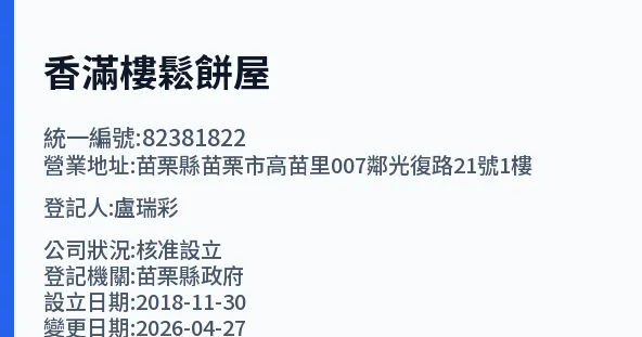香滿樓鬆餅屋的照片-統編 82381822(苗栗縣) 公司登記資料與營業項目詳細圖表