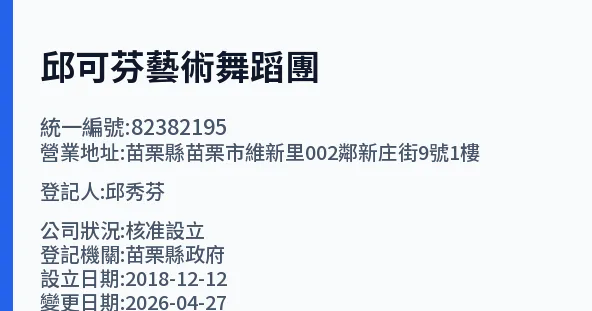 邱可芬藝術舞蹈團的照片-統編 82382195(苗栗縣) 公司登記資料與營業項目詳細圖表