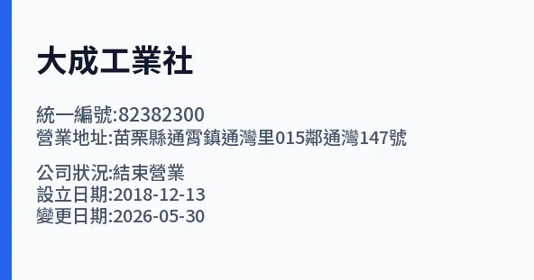 大成工業社的照片-統編 82382300(苗栗縣) 公司登記資料與營業項目詳細圖表