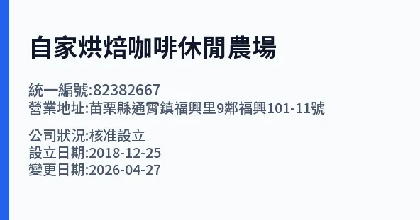 自家烘焙咖啡休閒農場的照片-統編 82382667(苗栗縣) 公司登記資料與營業項目詳細圖表