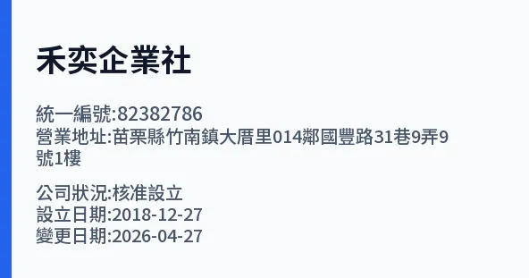 禾奕企業社的照片-統編 82382786(苗栗縣) 公司登記資料與營業項目詳細圖表