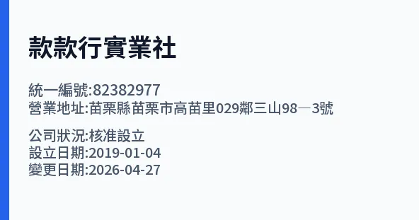 款款行實業社的照片-統編 82382977(苗栗縣) 公司登記資料與營業項目詳細圖表