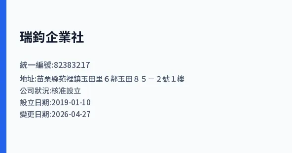 瑞鈞企業社的照片-統編 82383217(苗栗縣) 公司登記資料與營業項目詳細圖表