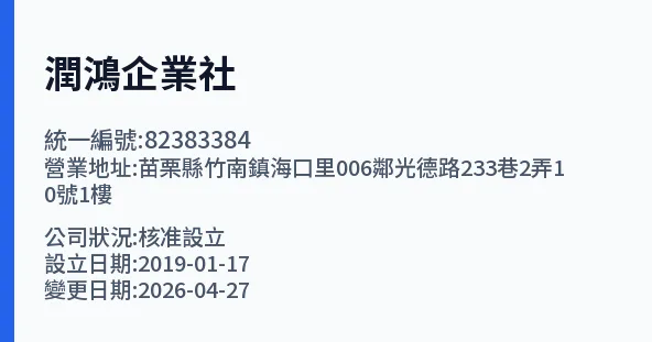 潤鴻企業社的照片-統編 82383384(苗栗縣) 公司登記資料與營業項目詳細圖表