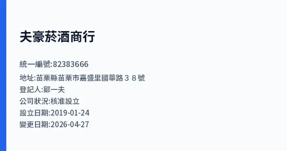 夫豪菸酒商行的照片-統編 82383666(苗栗縣) 公司登記資料與營業項目詳細圖表