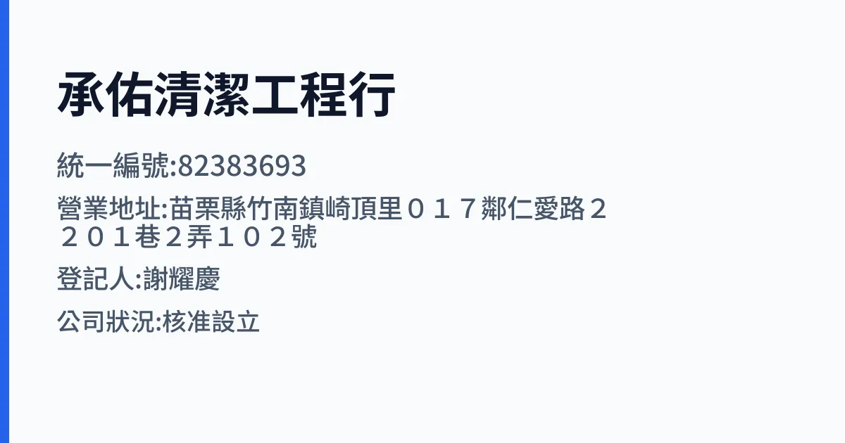 承佑清潔工程行 - 統編 82383693(苗栗縣) 公司登記資料與營業項目詳細圖表