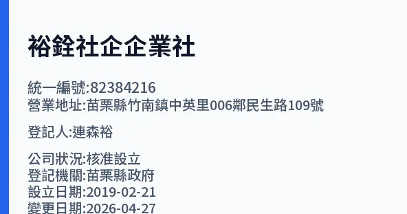 裕銓社企企業社的照片-統編 82384216(苗栗縣) 公司登記資料與營業項目詳細圖表