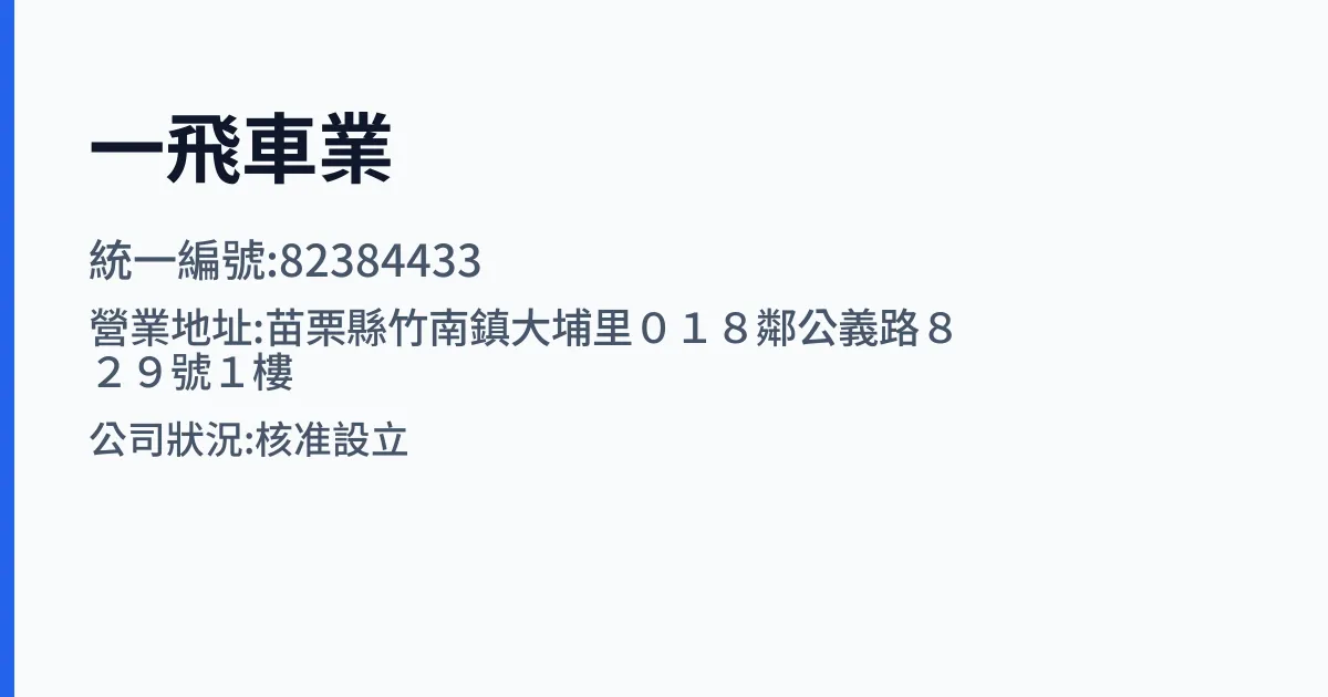 一飛車業 - 統編 82384433(苗栗縣) 公司登記資料與營業項目詳細圖表
