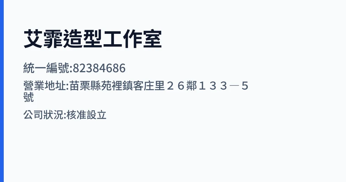 艾霏造型工作室 - 統編 82384686(苗栗縣) 公司登記資料與營業項目詳細圖表