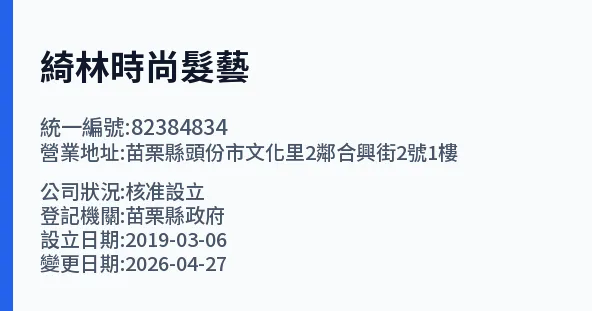 綺林時尚髮藝的照片-統編 82384834(苗栗縣) 公司登記資料與營業項目詳細圖表