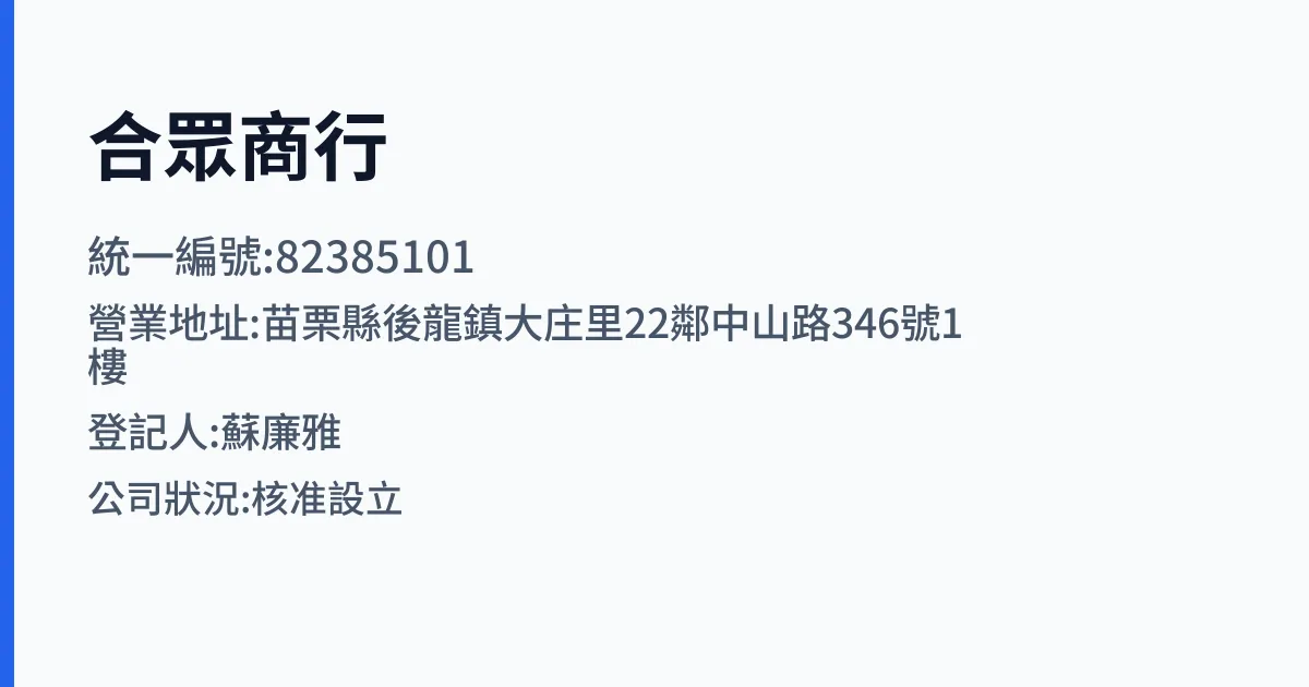 合眾商行 - 統編 82385101(苗栗縣) 公司登記資料與營業項目詳細圖表