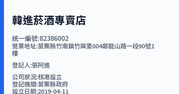 韓進菸酒專賣店的照片-統編 82386002(苗栗縣) 公司登記資料與營業項目詳細圖表
