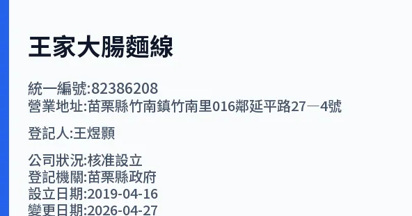 王家大腸麵線的照片-統編 82386208(苗栗縣) 公司登記資料與營業項目詳細圖表