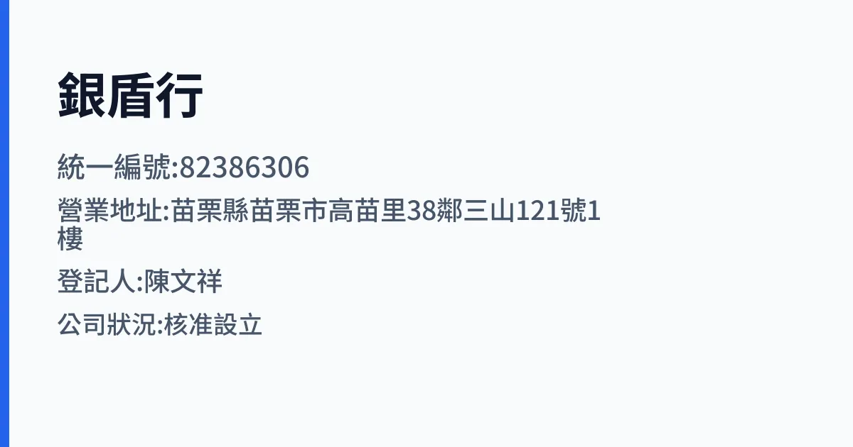 銀盾行 - 統編 82386306（苗栗縣） 公司登記資料與營業項目詳細圖表