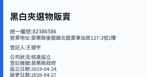 黑白夾選物販賣的照片-統編 82386586(苗栗縣) 公司登記資料與營業項目詳細圖表