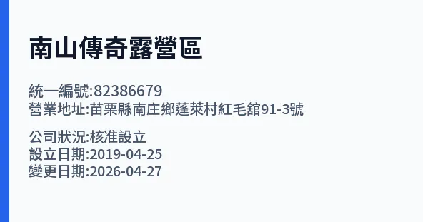 南山傳奇露營區的照片-統編 82386679(苗栗縣) 公司登記資料與營業項目詳細圖表