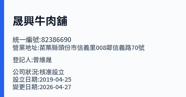 晟興牛肉舖的照片-統編 82386690(苗栗縣) 公司登記資料與營業項目詳細圖表