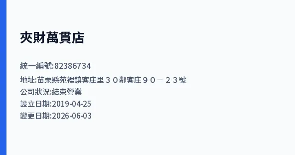 夾財萬貫店的照片-統編 82386734(苗栗縣) 公司登記資料與營業項目詳細圖表