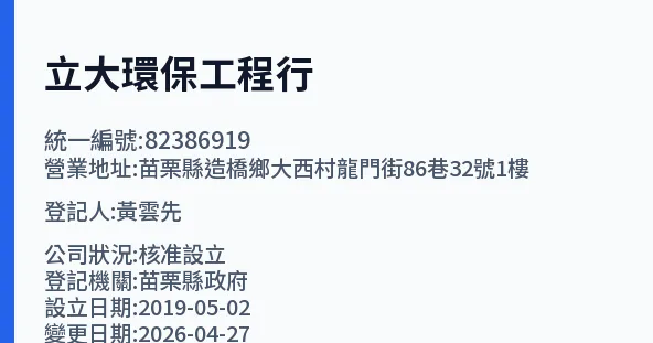 立大環保工程行的照片-統編 82386919(苗栗縣) 公司登記資料與營業項目詳細圖表
