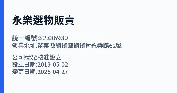 永樂選物販賣的照片-統編 82386930(苗栗縣) 公司登記資料與營業項目詳細圖表