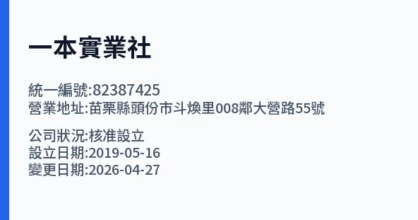 一本實業社的照片-統編 82387425(苗栗縣) 公司登記資料與營業項目詳細圖表
