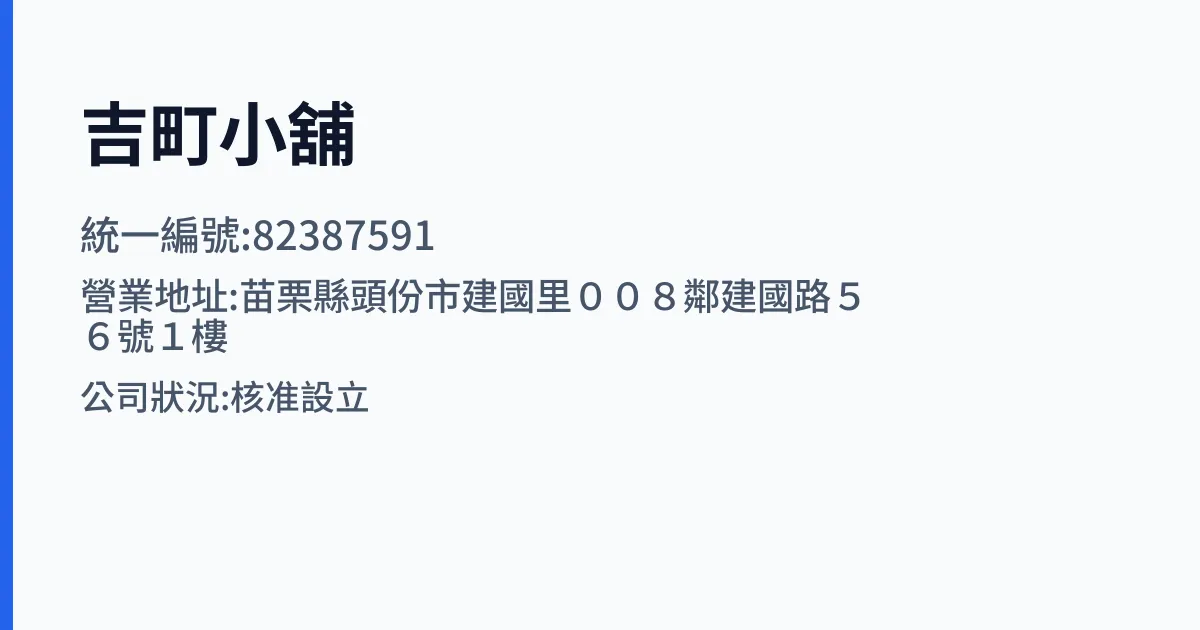 吉町小舖 - 統編 82387591 (苗栗縣) 公司登記資料與營業項目詳細圖表