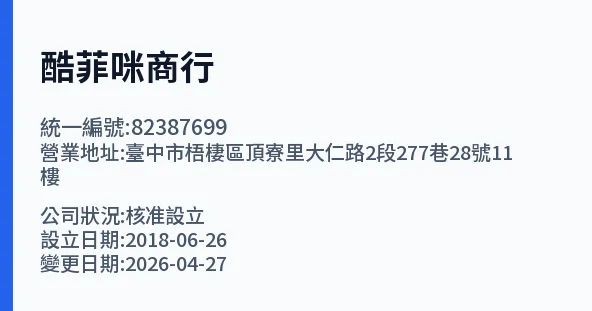 酷菲咪商行的照片-統編 82387699(臺中市) 公司登記資料與營業項目詳細圖表
