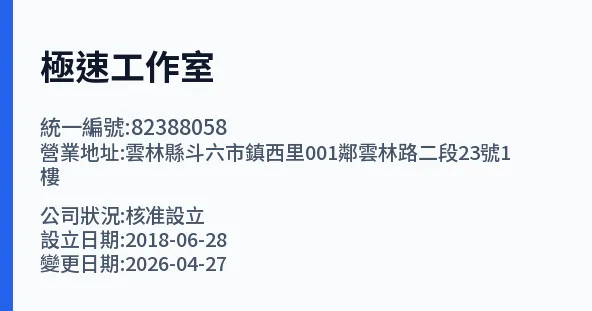 極速工作室的照片-統編 82388058(雲林縣) 公司登記資料與營業項目詳細圖表