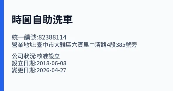 時圓自助洗車的照片-統編 82388114(臺中市) 公司登記資料與營業項目詳細圖表