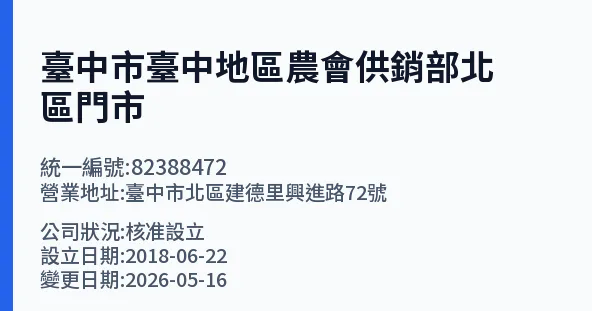 臺中市臺中地區農會供銷部北區門市的照片-統編 82388472(臺中市) 公司登記資料與營業項目詳細圖表