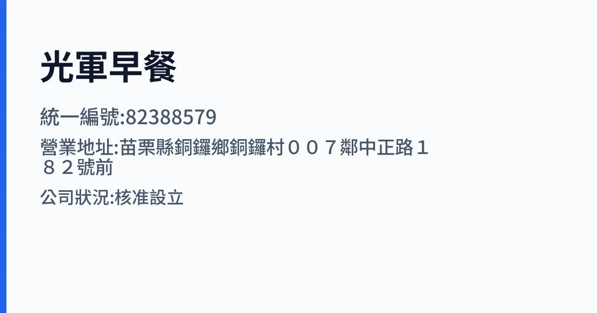 光軍早餐 - 統編 82388579(苗栗縣) 公司登記資料與營業項目詳細圖表