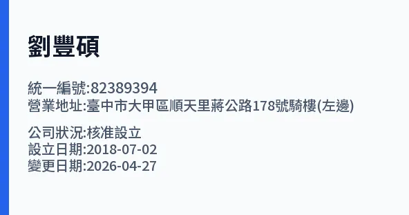 劉豐碩的照片-統編 82389394(臺中市) 公司登記資料與營業項目詳細圖表