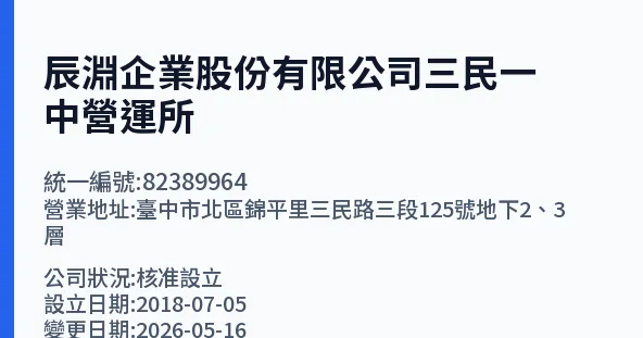 辰淵企業股份有限公司三民一中營運所的照片-統編 82389964(臺中市) 公司登記資料與營業項目詳細圖表