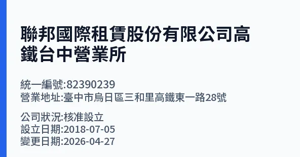 聯邦國際租賃股份有限公司高鐵台中營業所的照片-統編 82390239(臺中市) 公司登記資料與營業項目詳細圖表
