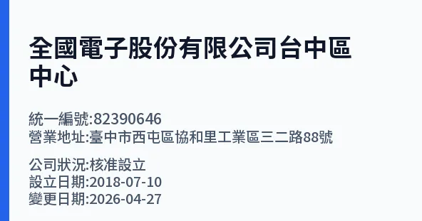 全國電子股份有限公司台中區中心的照片-統編 82390646(臺中市) 公司登記資料與營業項目詳細圖表